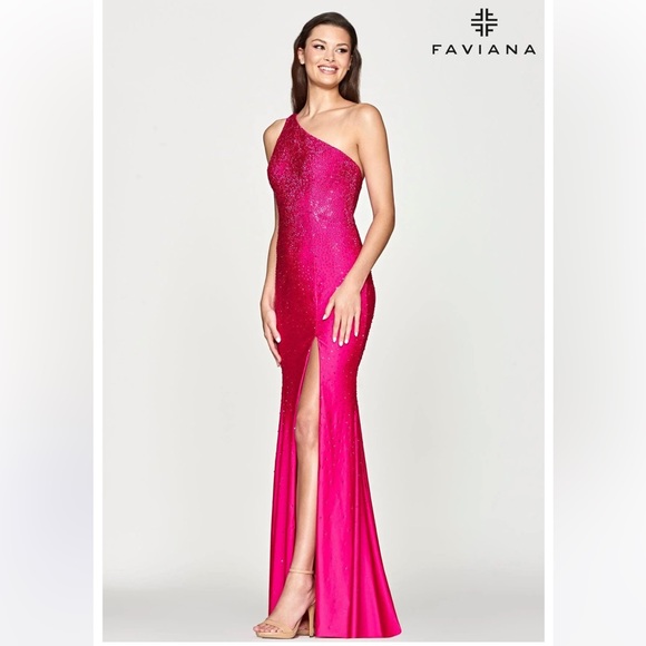 Faviana | Dresses | Faviana Beaded One Shoulder Long Dress With Strappy ...
